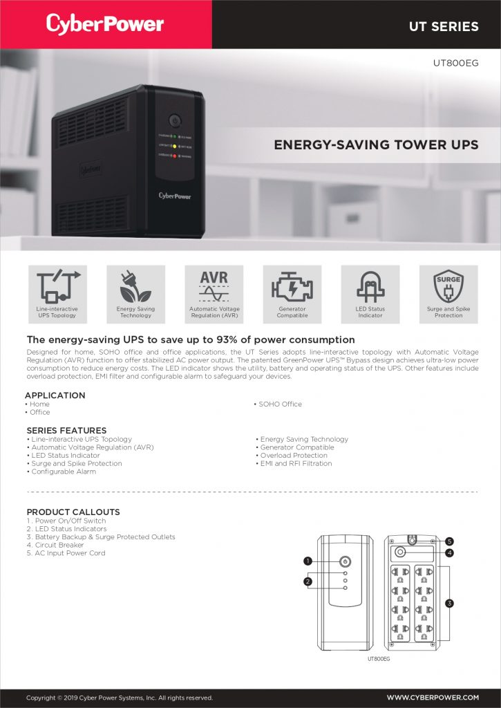 CyberPower UPS UT800EG 800VA/480Watts เครื่องสำรองไฟ ของแท้ ประกันศูนย์ 2ปี