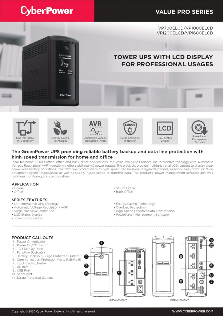 CyberPower UPS VP1000ELCD 1000VA/550Watts เครื่องสำรองไฟ ของแท้ ประกัน ...